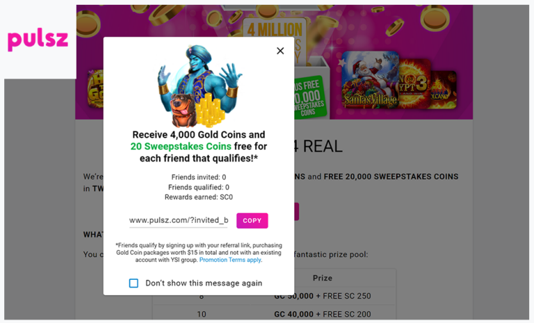 Pulsz Casino Referral Bonus | Get 20 SCs FREE 2024